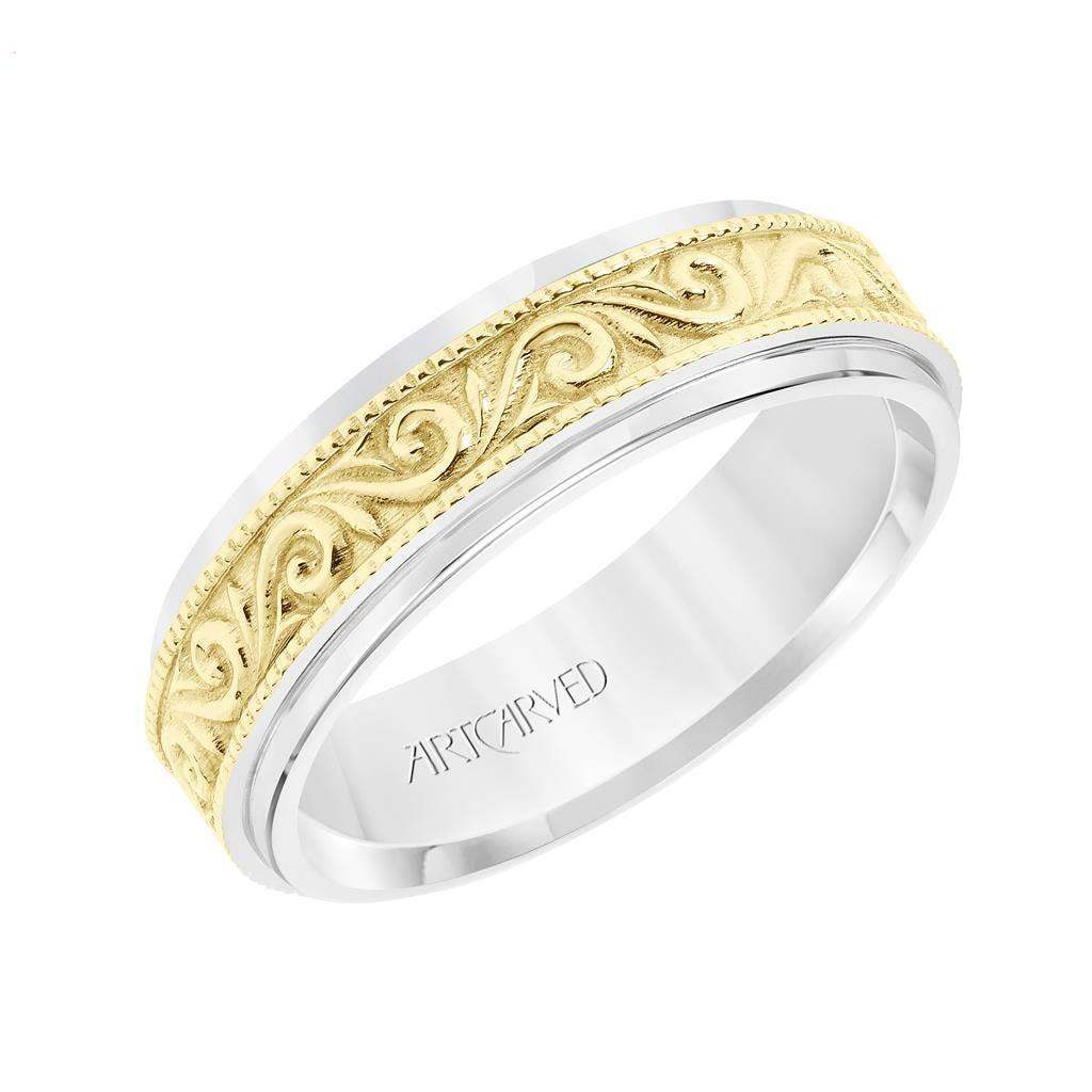 14k Two Toned White & Yellow Gold Wedding Band Raised Paisley Inlay De ...