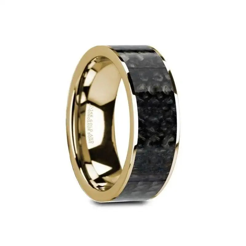 GERONIMO Flat 14K Yellow Gold Ring with Blue Dinosaur Bone Inlay and P ...